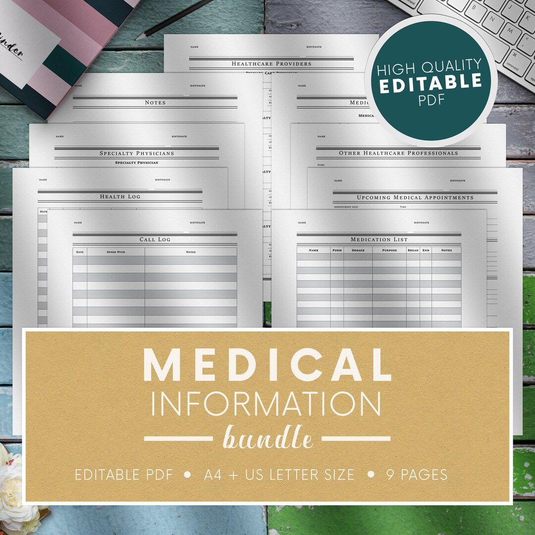EDITABLE Medical Information Bundle – Printable PDF, A4+ US Letter Size ...