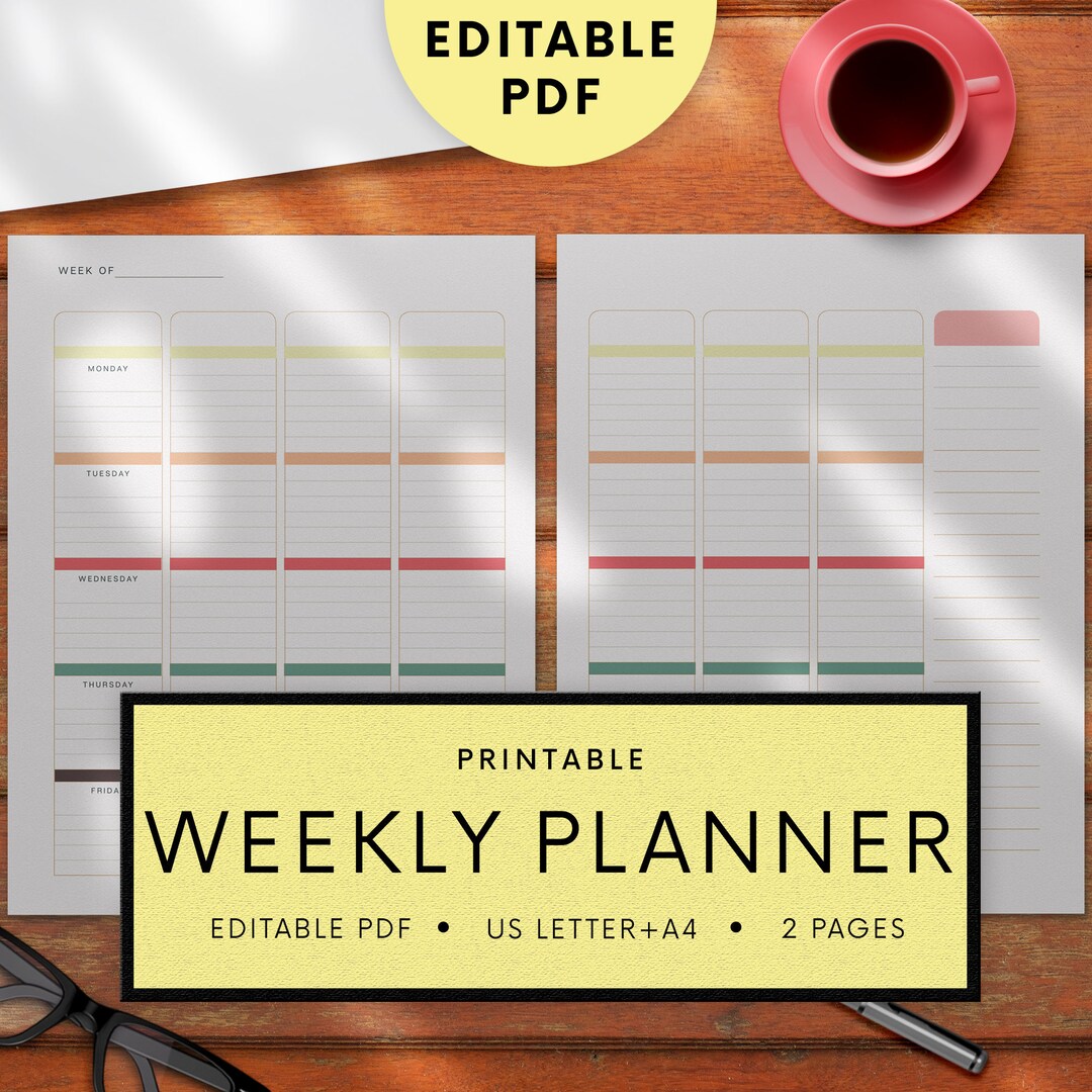 EDITABLE Blank Weekly Planner- Printable PDF, US Letter + A4, 2 Pages ...