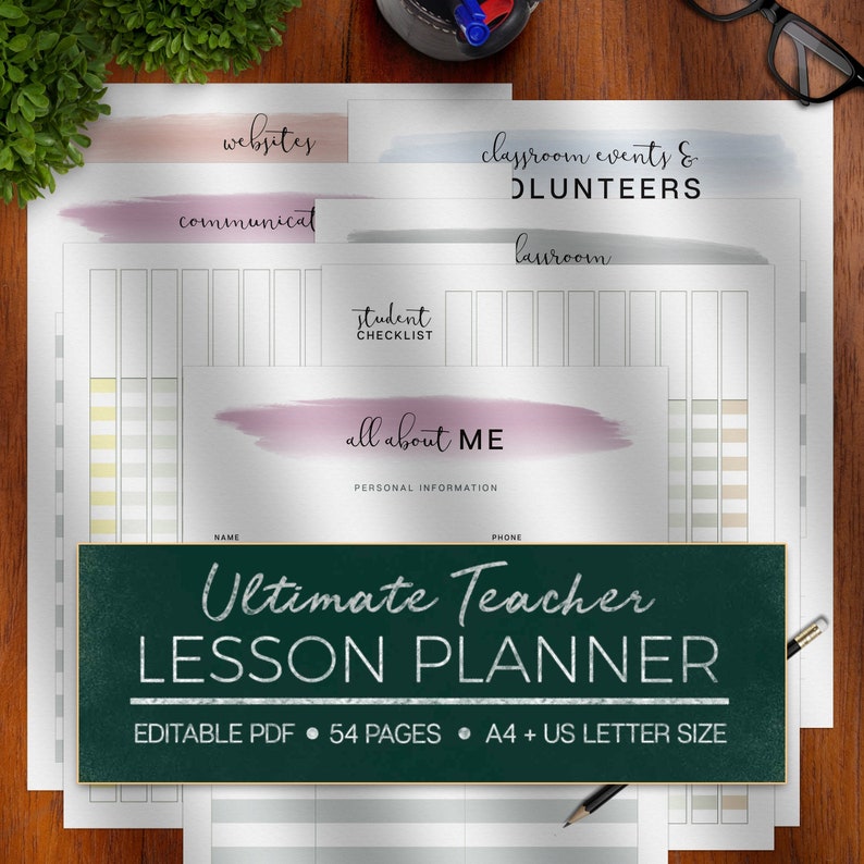 Editable Teacher Planner Printable PDF | Watercolor Lesson Planner | US ...