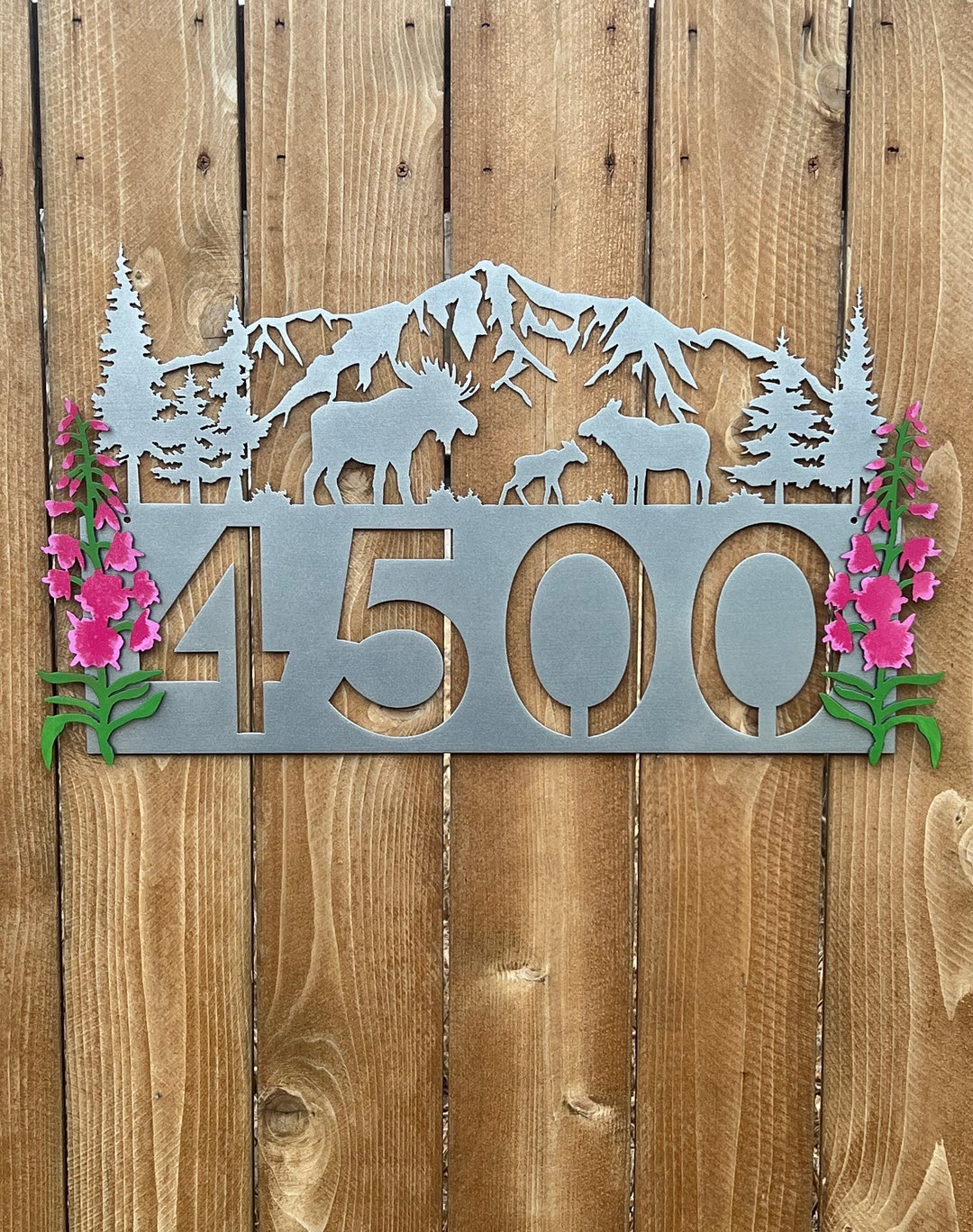 Metal Moose Landscape Address Sign With Painted Fireweed - Etsy