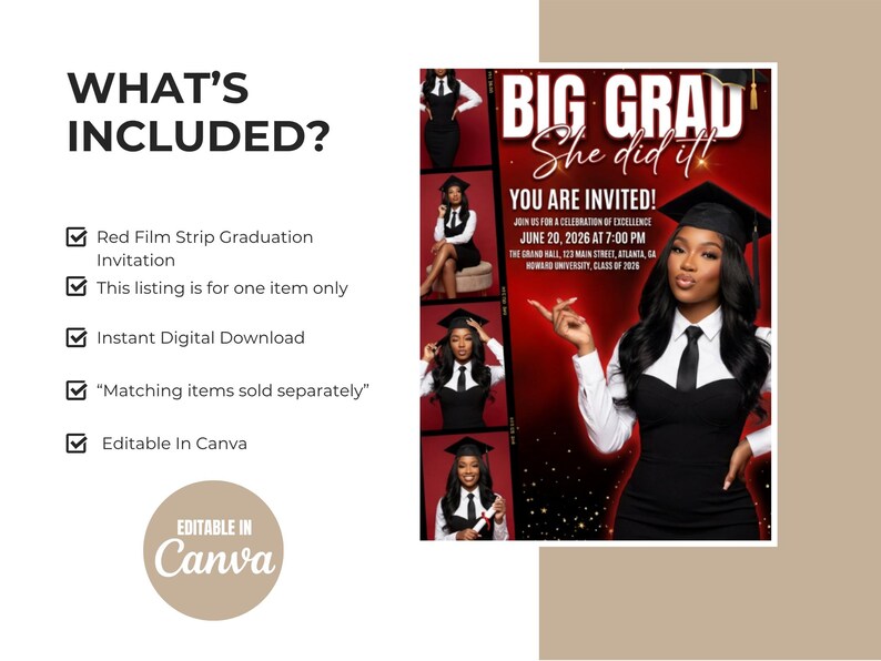 Grad Party Invite, Bold Red Film Photo Strip Layout Card, 2026 ...