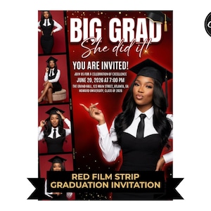 Grad Party Invite, Bold Red Film Photo Strip Layout Card, 2026 ...
