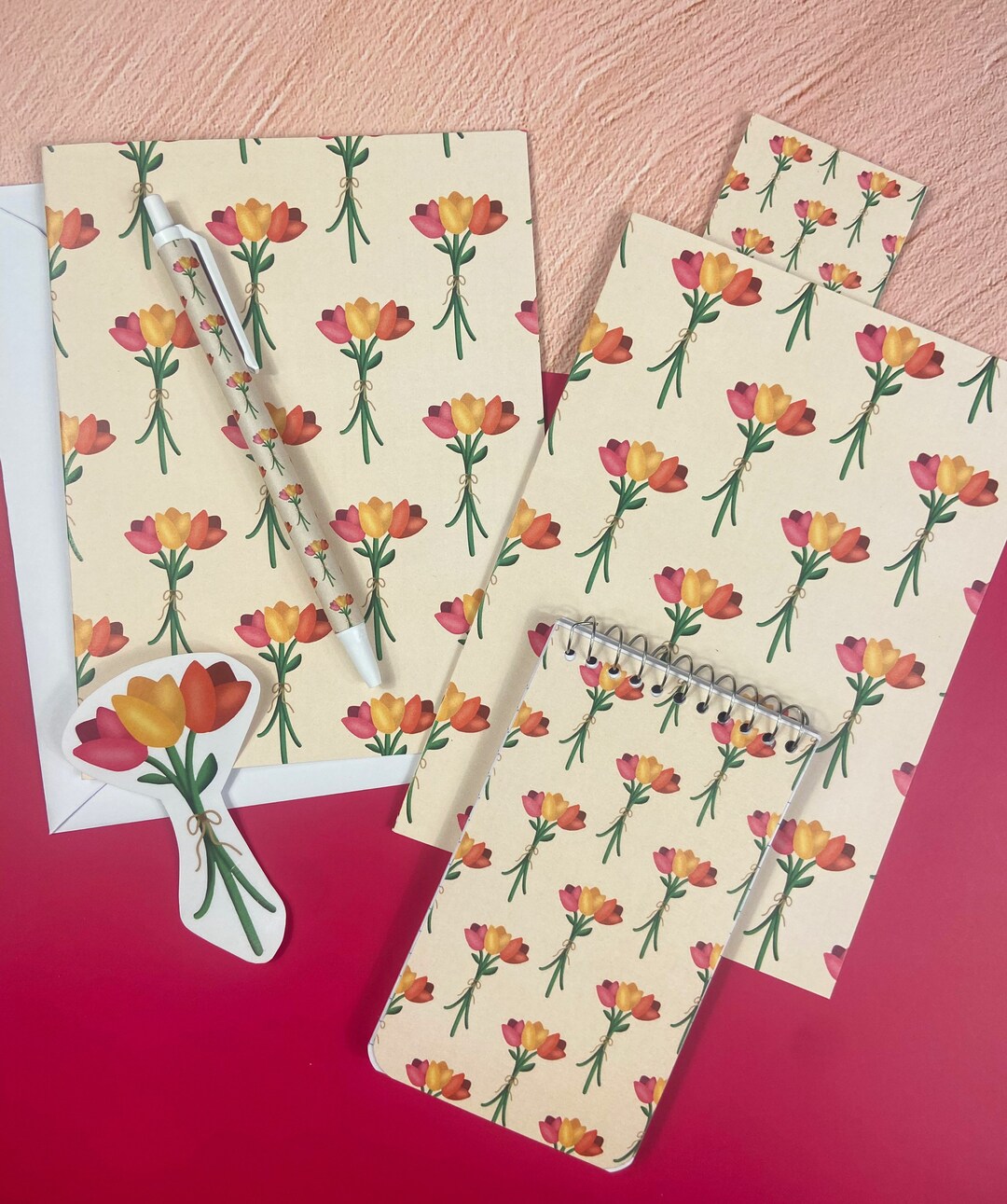 Tulip Bouquet Flower Bundle Pattern Stationery Set Notebook Greeting ...