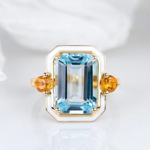 14K Solid Gold Blue Sky Topaz Gemstone Ring, Emerald Cut Gemstone Ring ...