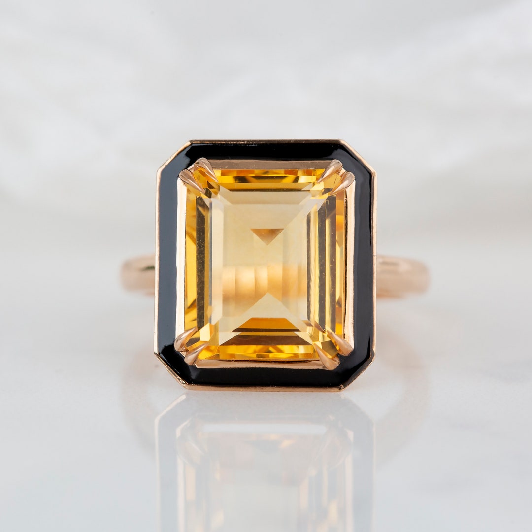 Art Deco and Cocktail Style Ring,6.85 Ct Citrine and Black Enamel Ring ...