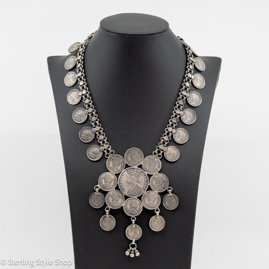 Antique Silver Bold Chain Necklace, Sterling Silver Chunky Coin ...