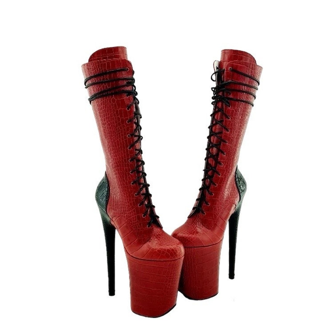 Pole Boots Croc Embossed Genuine Leather Boots Red Boots Pole Dancing ...