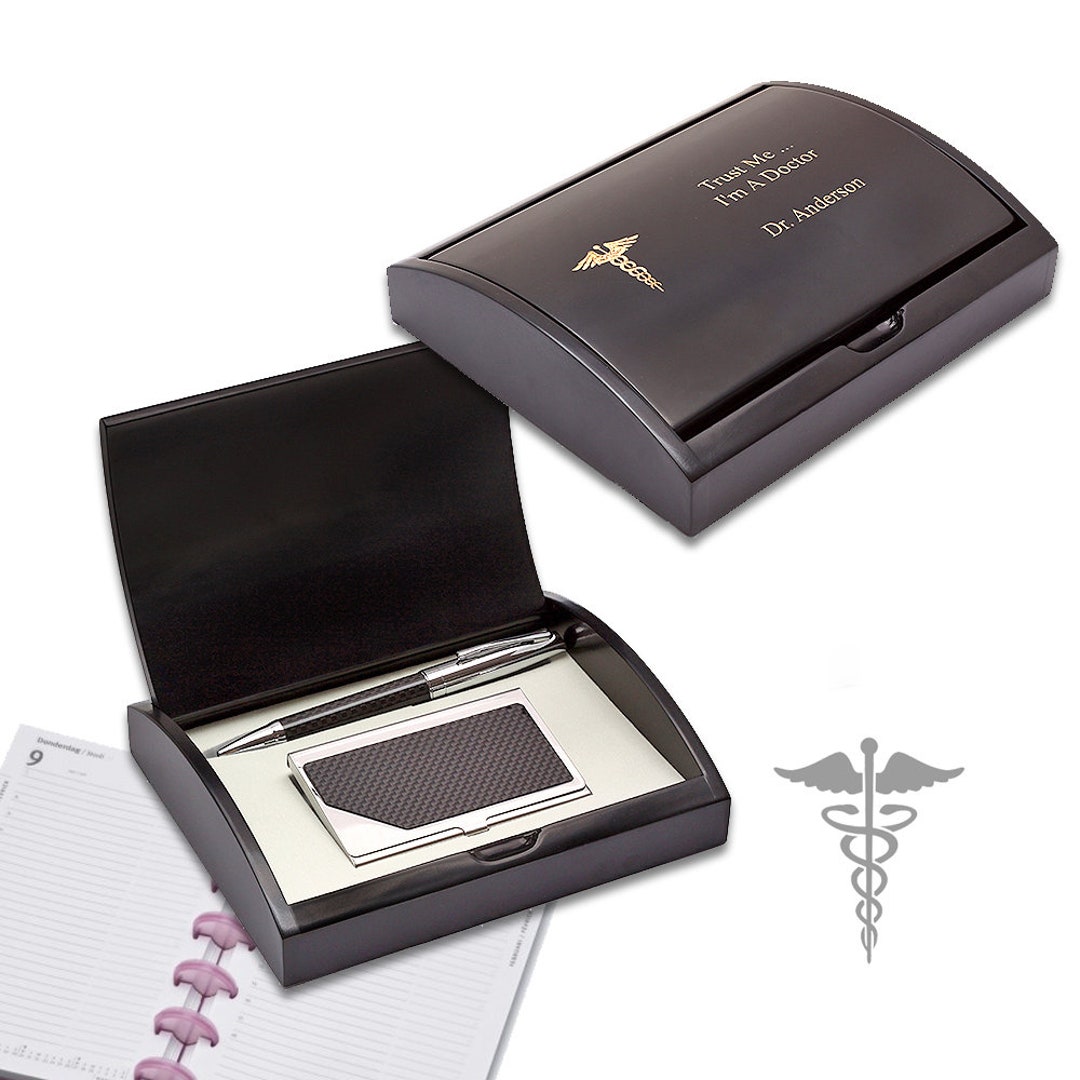 Doctor's Pen and Business Card Holder Gift Set With Wood Box - Desktop ...
