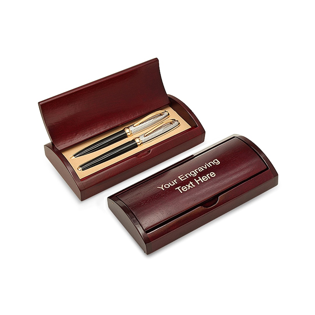 Personalized Black & Gold Dual Pen Set With Cherry Finished Box ...