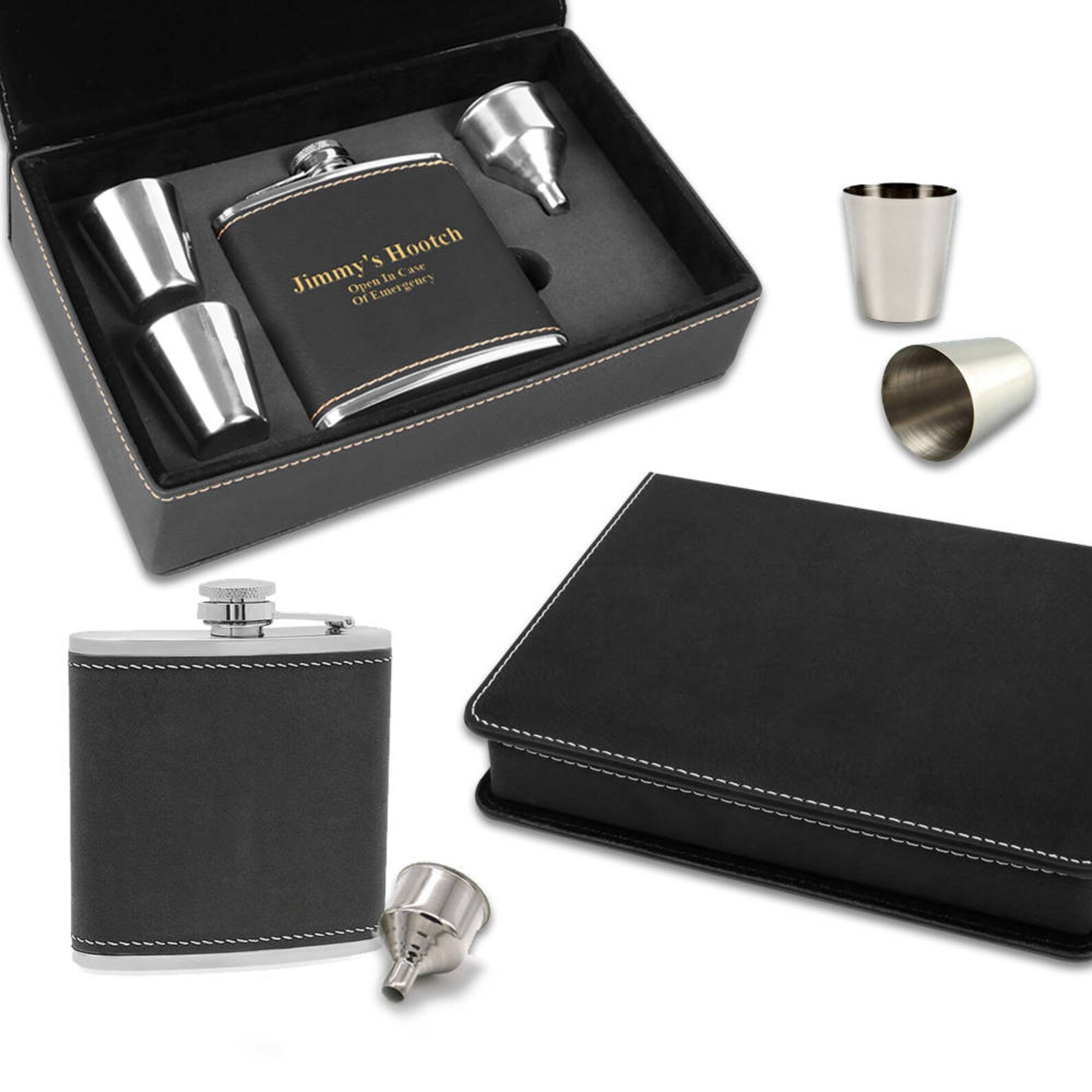 Personalized Black Flask Set With Gold Laser Engraving Customized Flask ...