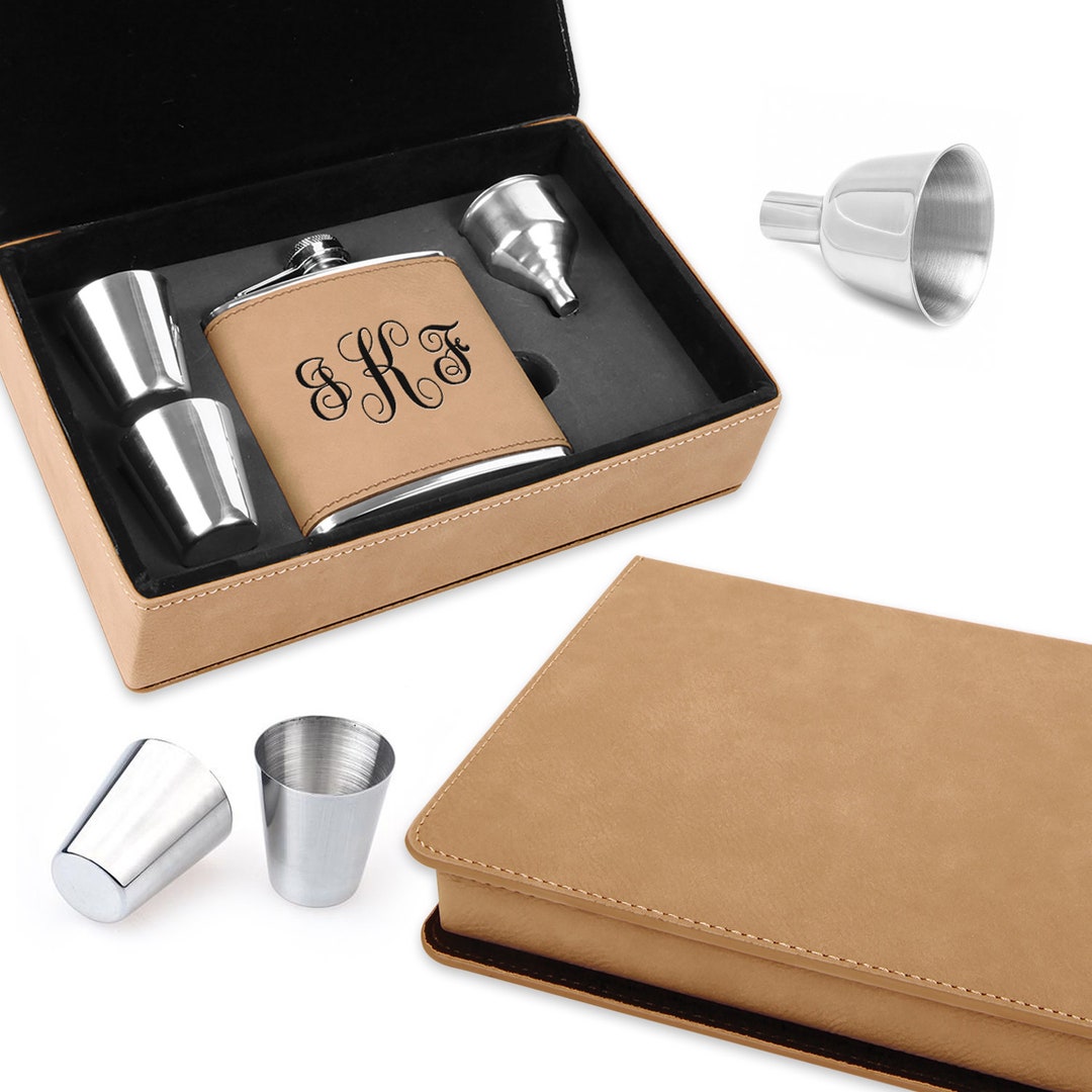 Script Monogram Light Brown Liquor Flask Set - Personalized Monogram ...