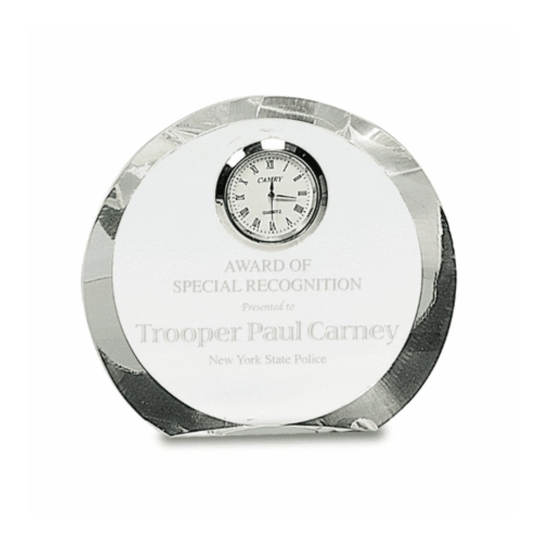 Personalized Round Premier Crystal Clock - Customized Glass Desk Quartz ...