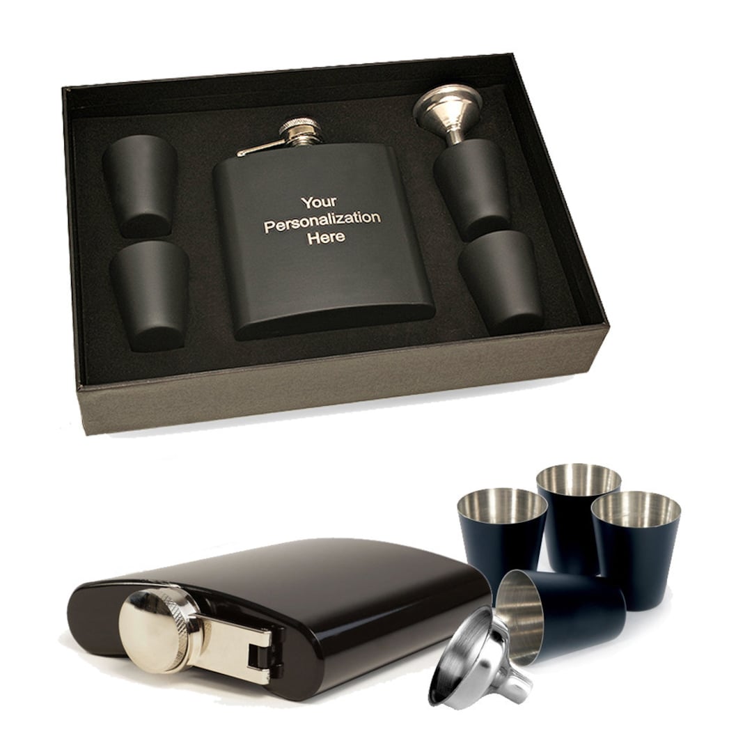 Personalized Black Flask & Shot Cups Gift Set - Custom Engraved Liquor ...