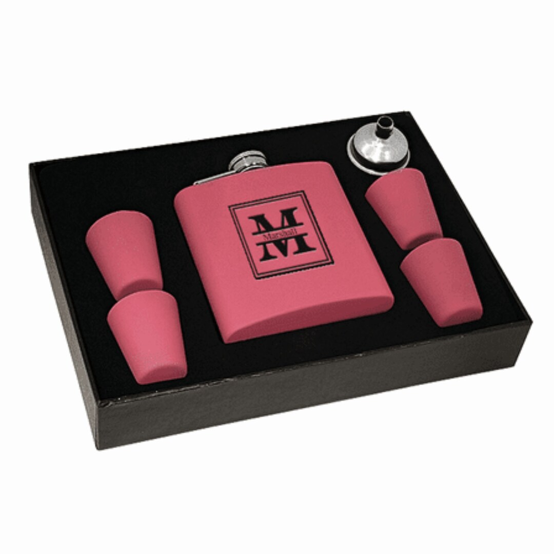 Split Monogram Pink Flask & Shot Cups Gift Set - Free Personalization ...