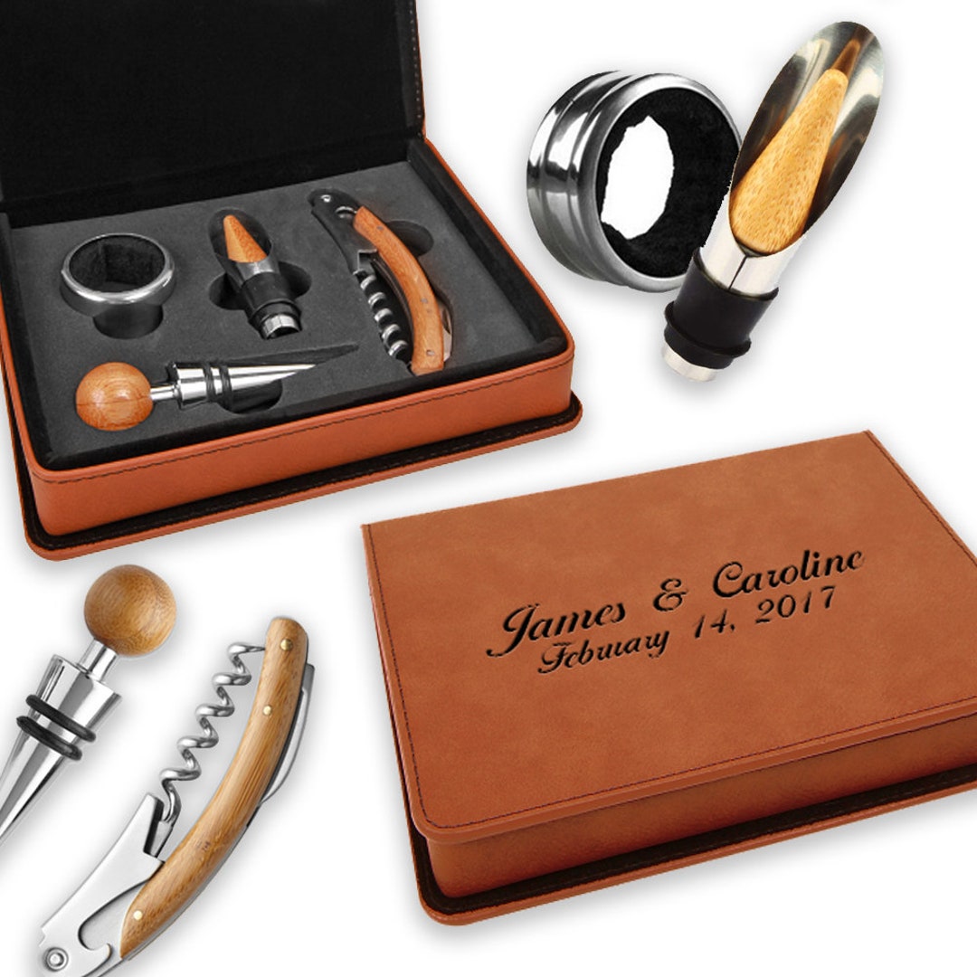4 Piece Wine Tool Set in Personalized Rawhide Gift Case - Laser ...