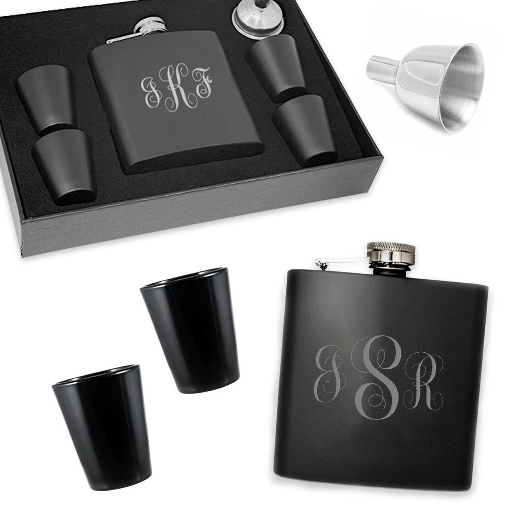 Script Monogram Black Steel Liquor Flask and Shot Glasses ...