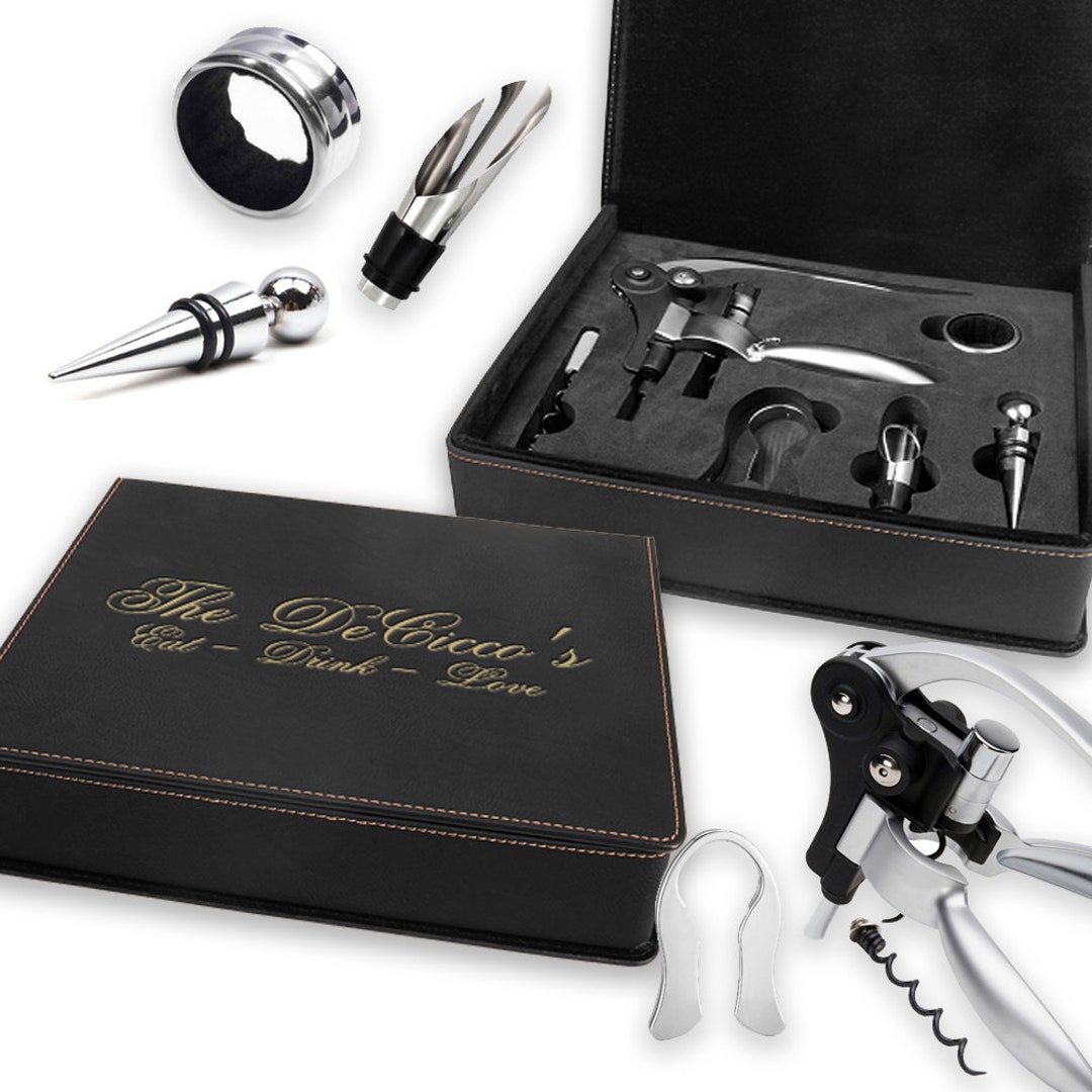 Luxury Wine Tool Set in Personalized Leather Effect Black Storage Box ...