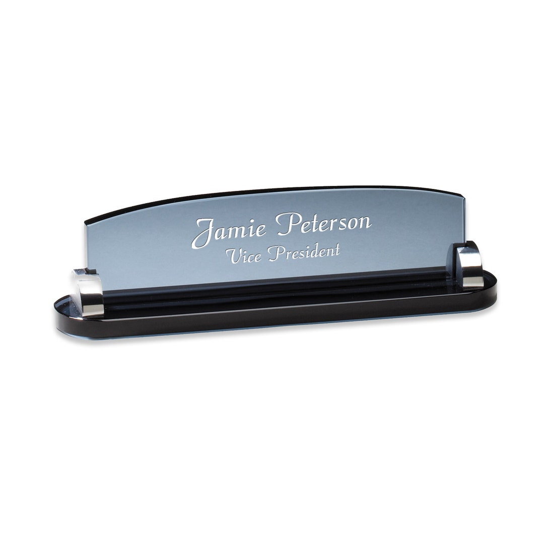 Personalized Smoked Glass Desktop Name Plate - Custom Engraved Desktop ...
