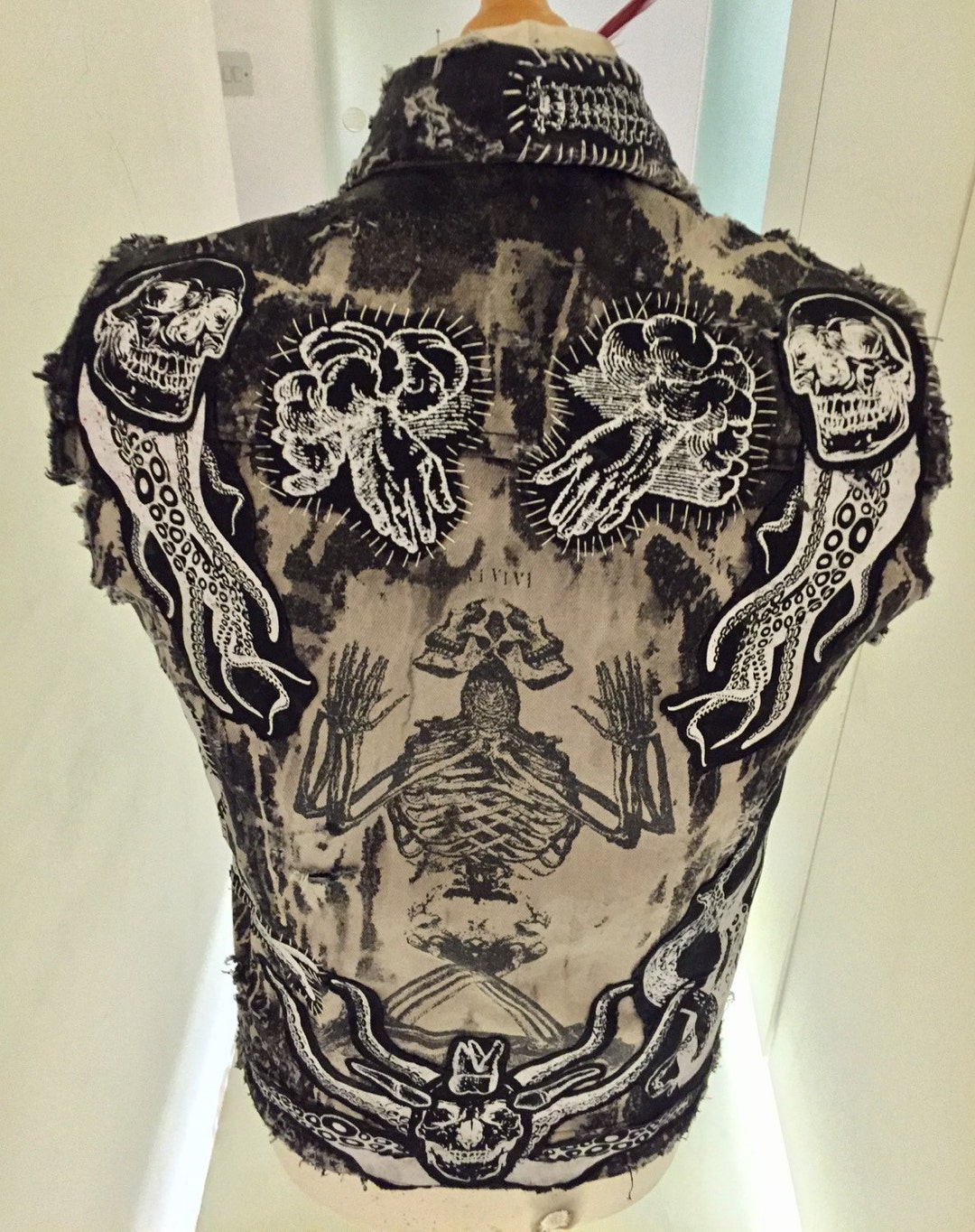 Custom Bleached Occult Zombie Acid-washed Distressed Punk Denim Vest ...