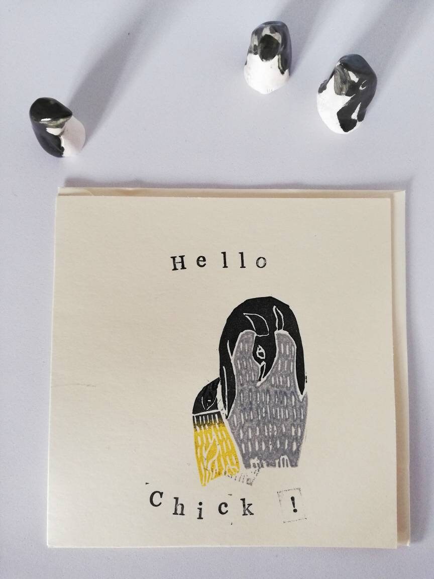 New Baby Hello Chick Linocut Print Card Penguin Chick Card - Etsy