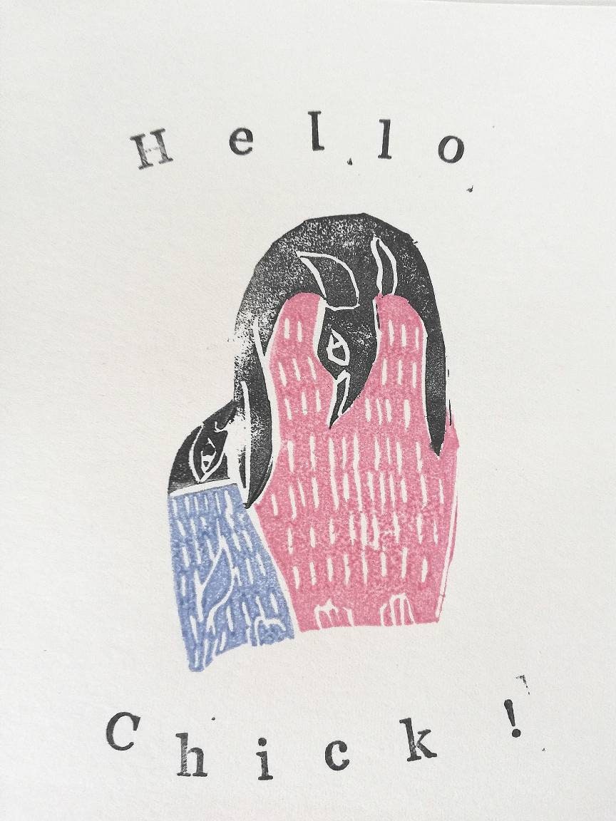 New Baby Hello Chick Linocut Print Card Penguin Chick Card - Etsy