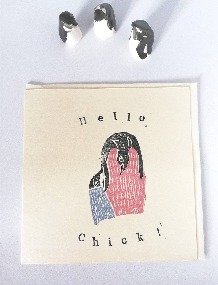 New Baby Hello Chick Linocut Print Card Penguin Chick Card - Etsy