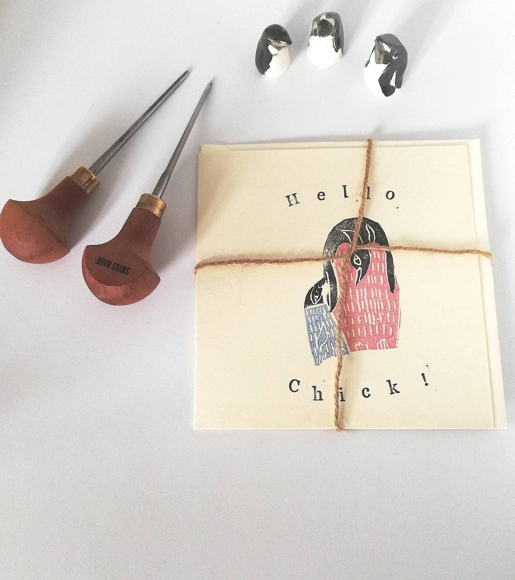 New Baby Hello Chick Linocut Print Card Penguin Chick Card - Etsy
