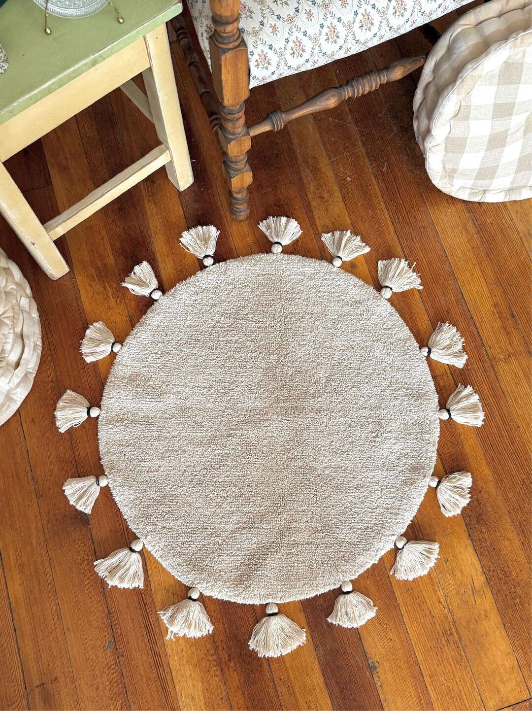 Tufted Round Cotton Rug With Tassels, Cream Neutral Boho Rug for ...