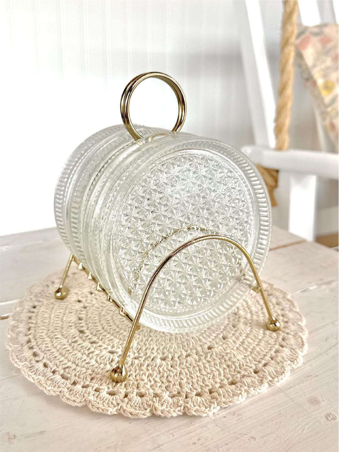 Glass Coasters in Metal Caddy Set, Mid-century Modern Coasters, Glass ...