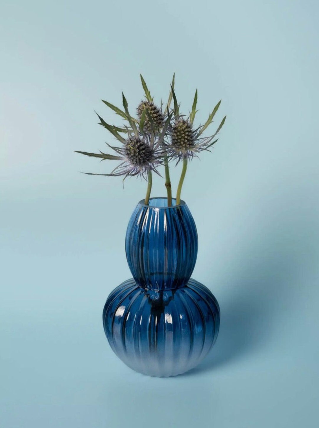 Ridged Frosted Indigo Vase, Ombre Blue Glass Vase for Florals, Modern ...