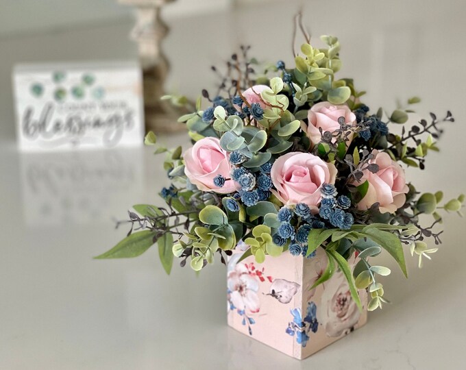 Small/mini Summer/everyday Floral Arrangement,pink Rose Buds, Blue ...