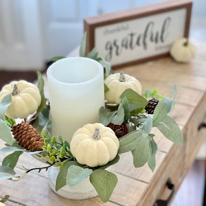 Fall Autumn Candle Ring, White Pumpkin Candle Ring With Greenery ...