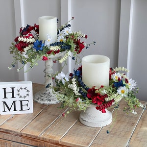 Red, White, Blue Patriotic Candle Ring, Farmhouse Summer Decoration ...