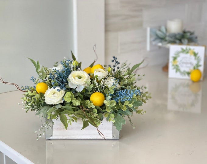 Summer Farmhouse, Lemon Arrangement, Eucalyptus, White Ranunculus ...