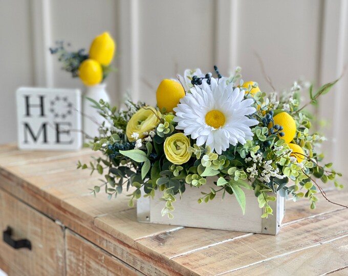 Summer Farmhouse, Lemon Arrangement, Eucalyptus, Yellow Ranunculus ...