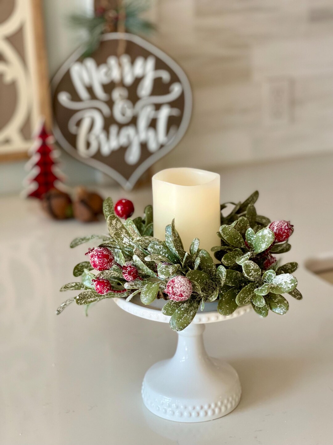Farmhouse Christmas Winter Candle Ring, Farmhouse Christmas Decoration ...