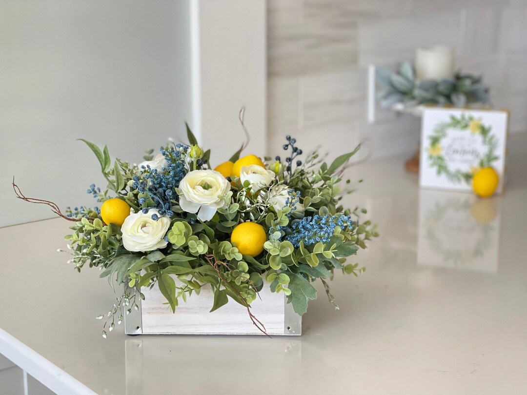Summer Farmhouse, Lemon Arrangement, Eucalyptus, White Ranunculus ...