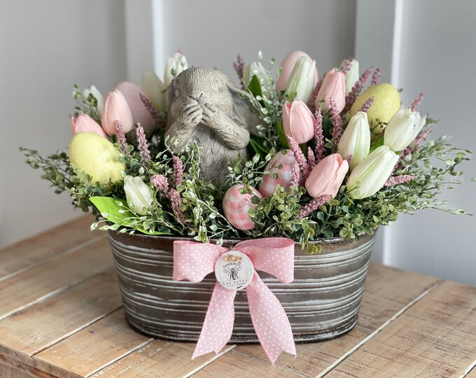 Easter Farmhouse Floral Arrangement, Stone Easter Bunny Surrounded With ...