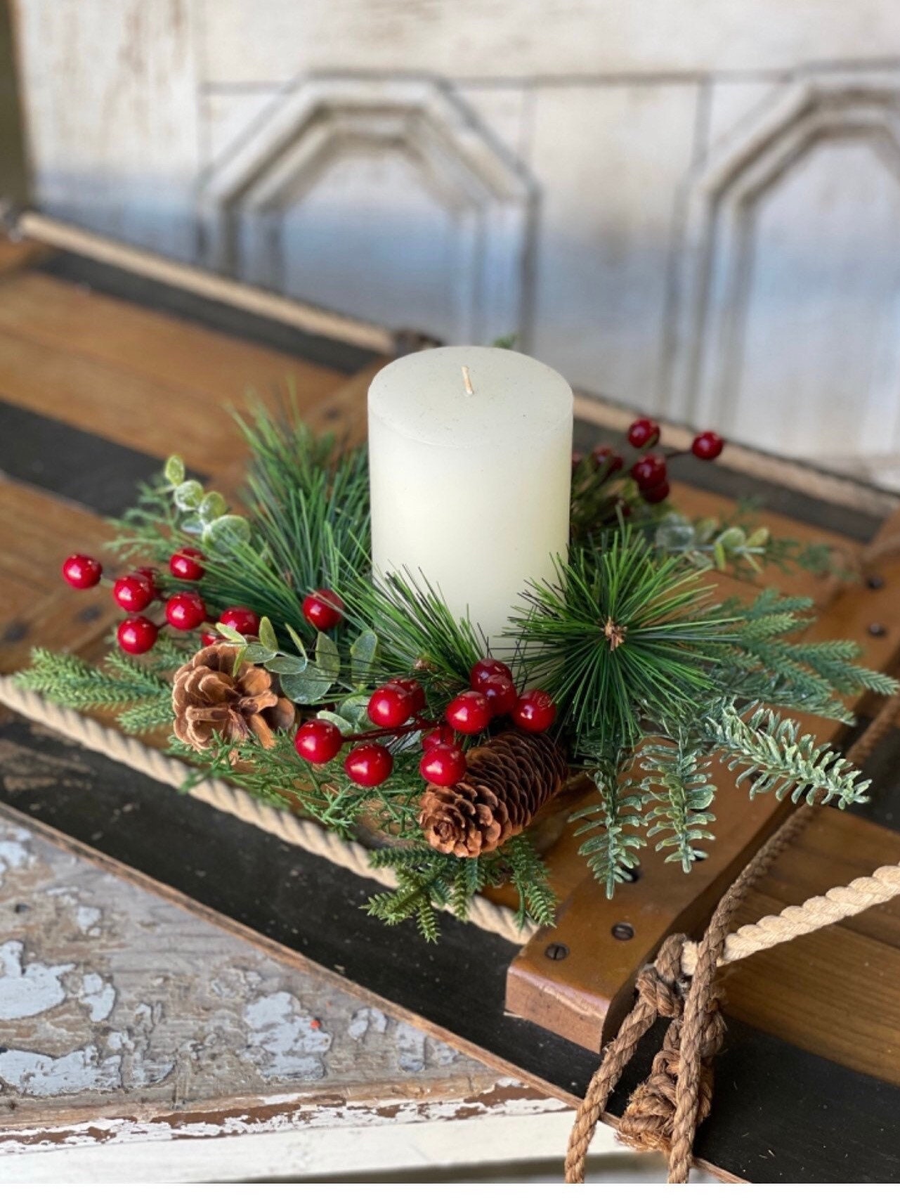 Farmhouse Traditional Christmas Candle Ring, Farmhouse Red and Green ...
