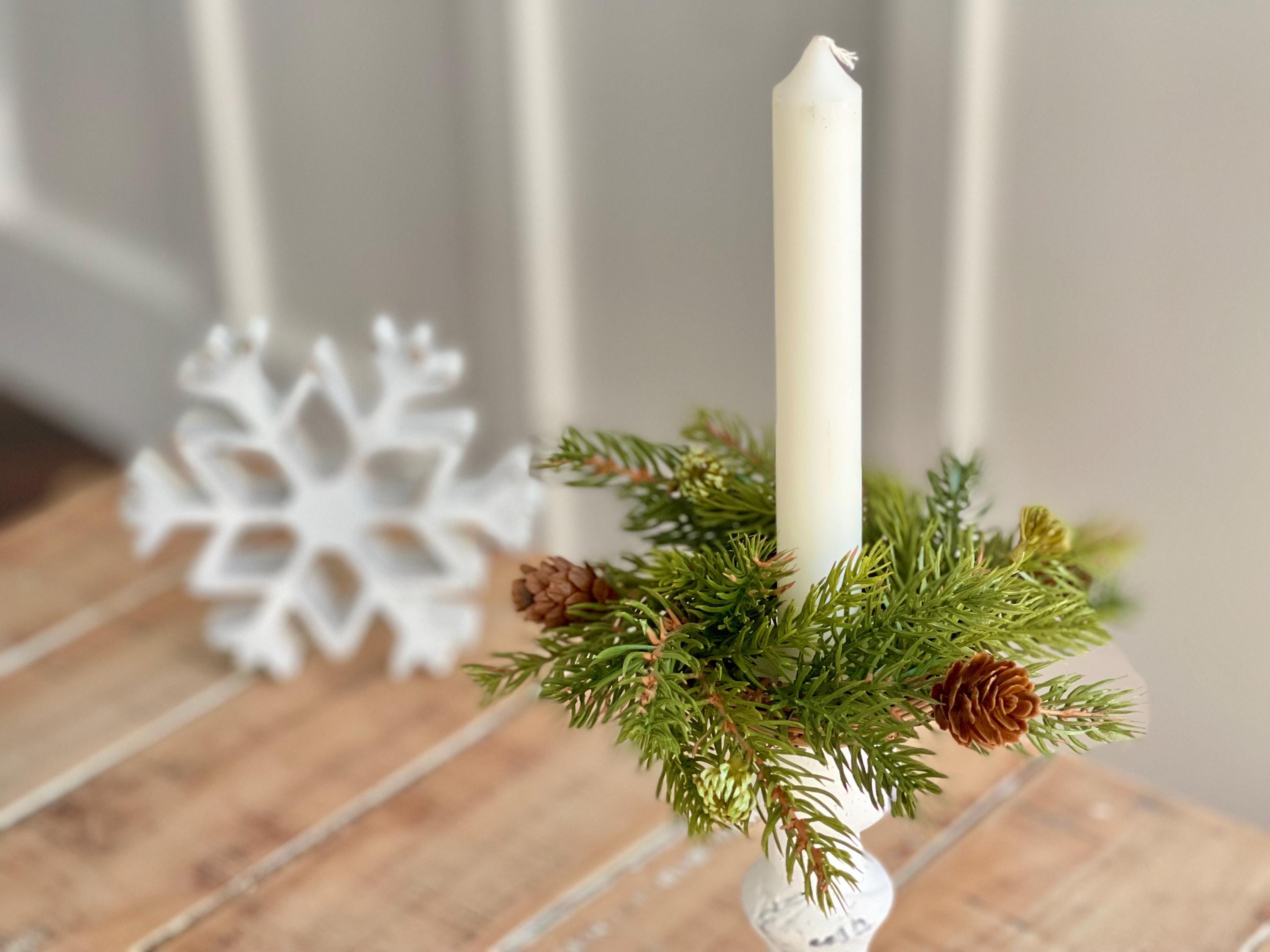 Christmas Farmhouse Taper Candle Ring, White Spruce Evergreen Taper ...