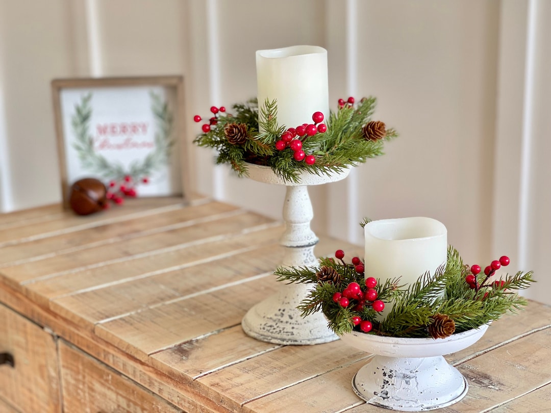 Christmas Farmhouse Pillar Candle Ring, White Spruce Evergreen With Red ...