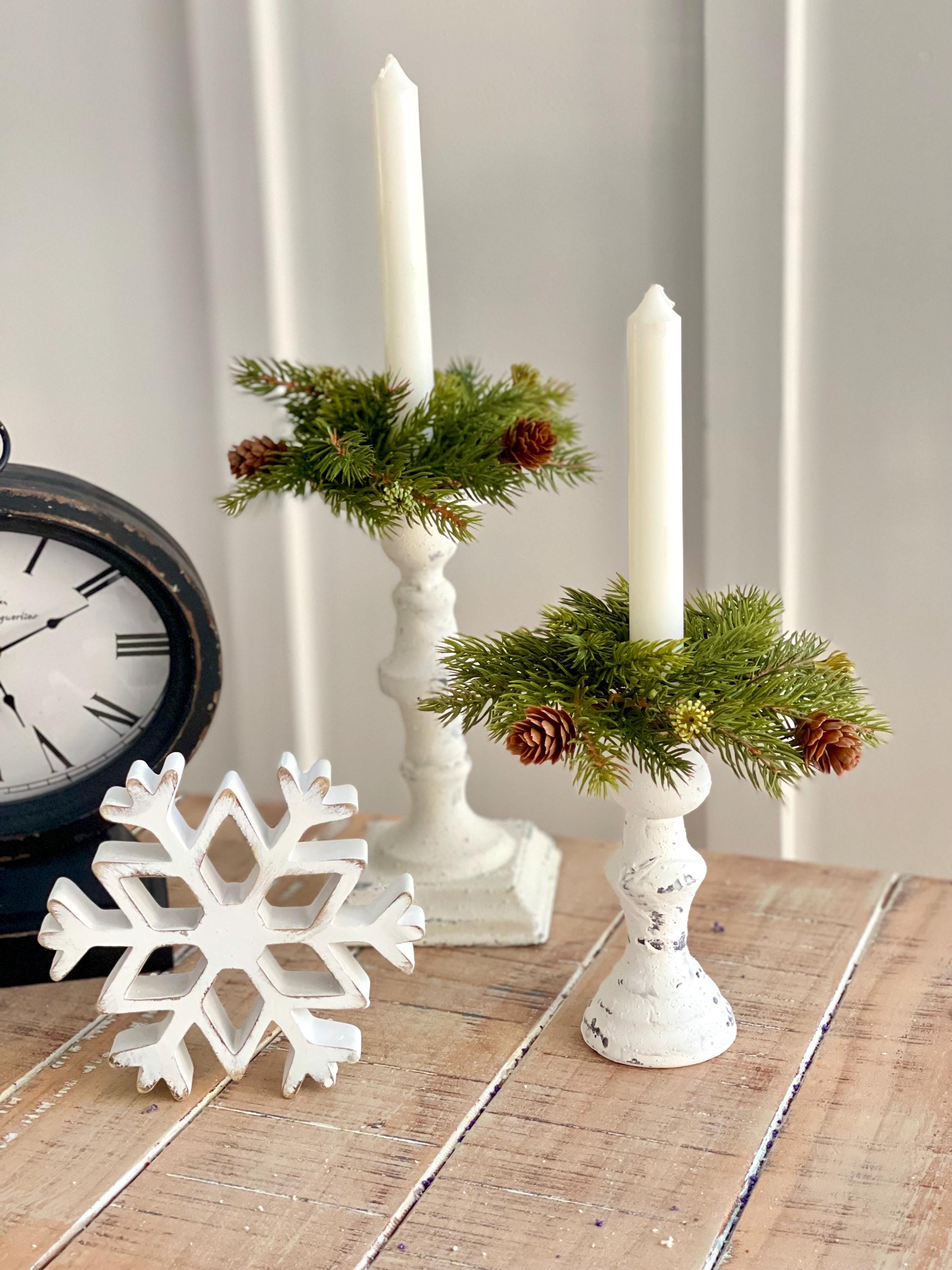Christmas Farmhouse Taper Candle Ring, White Spruce Evergreen Taper ...