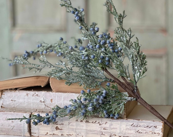 Christmas Winter Stem, Icy Juniper Blue Berry Pick 16' Long, Farmhouse ...