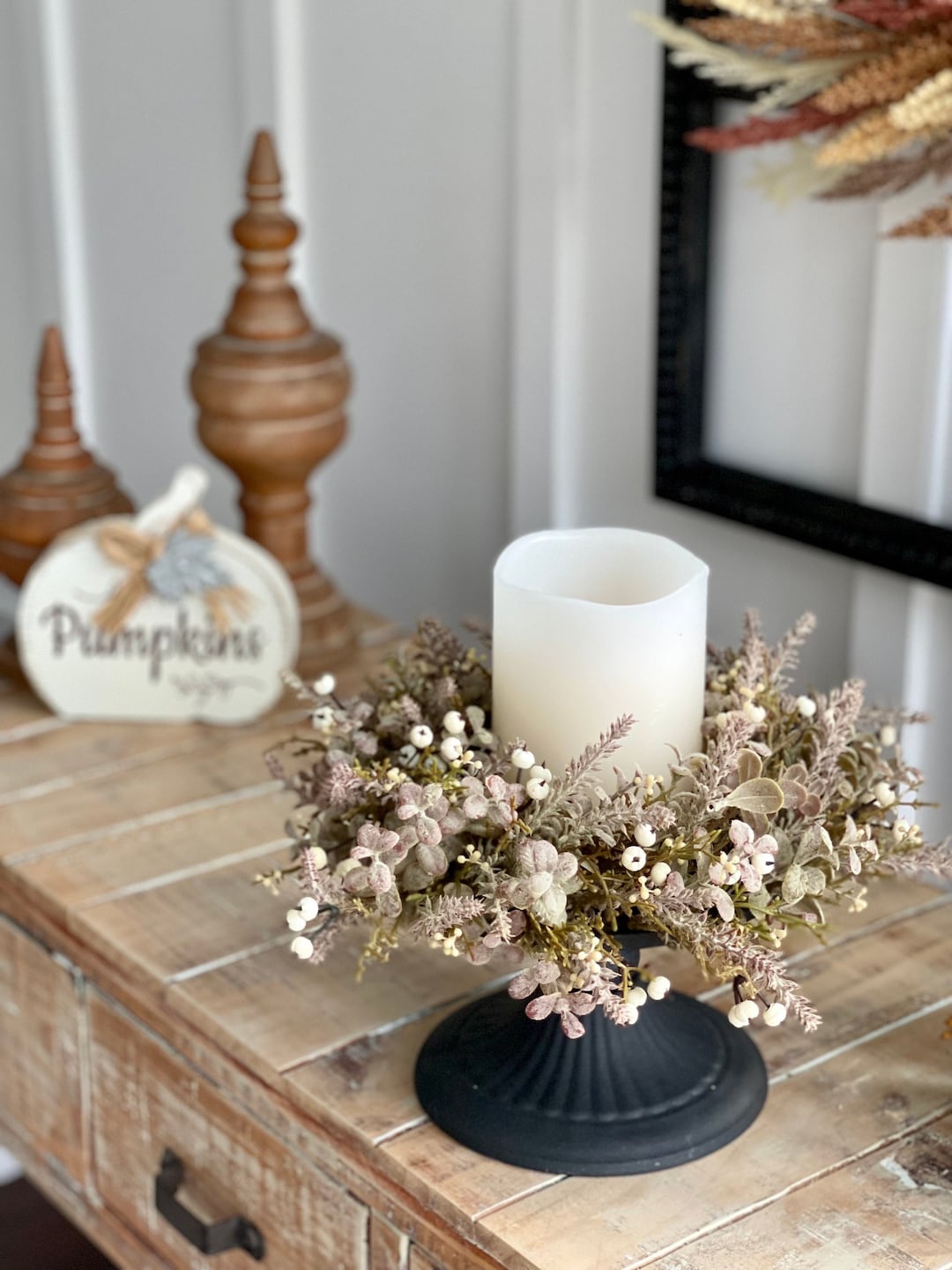 Fall Pumpkin Berry Candle Ring |white Pumpkin Berries Weathered Flock ...