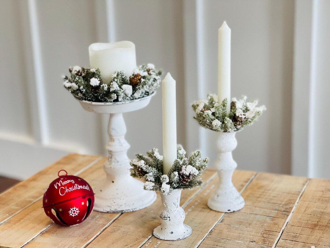 Farmhouse Christmas Heavy Flocked Taper Candle Ring, Winter Christmastaper Candle Holder ...