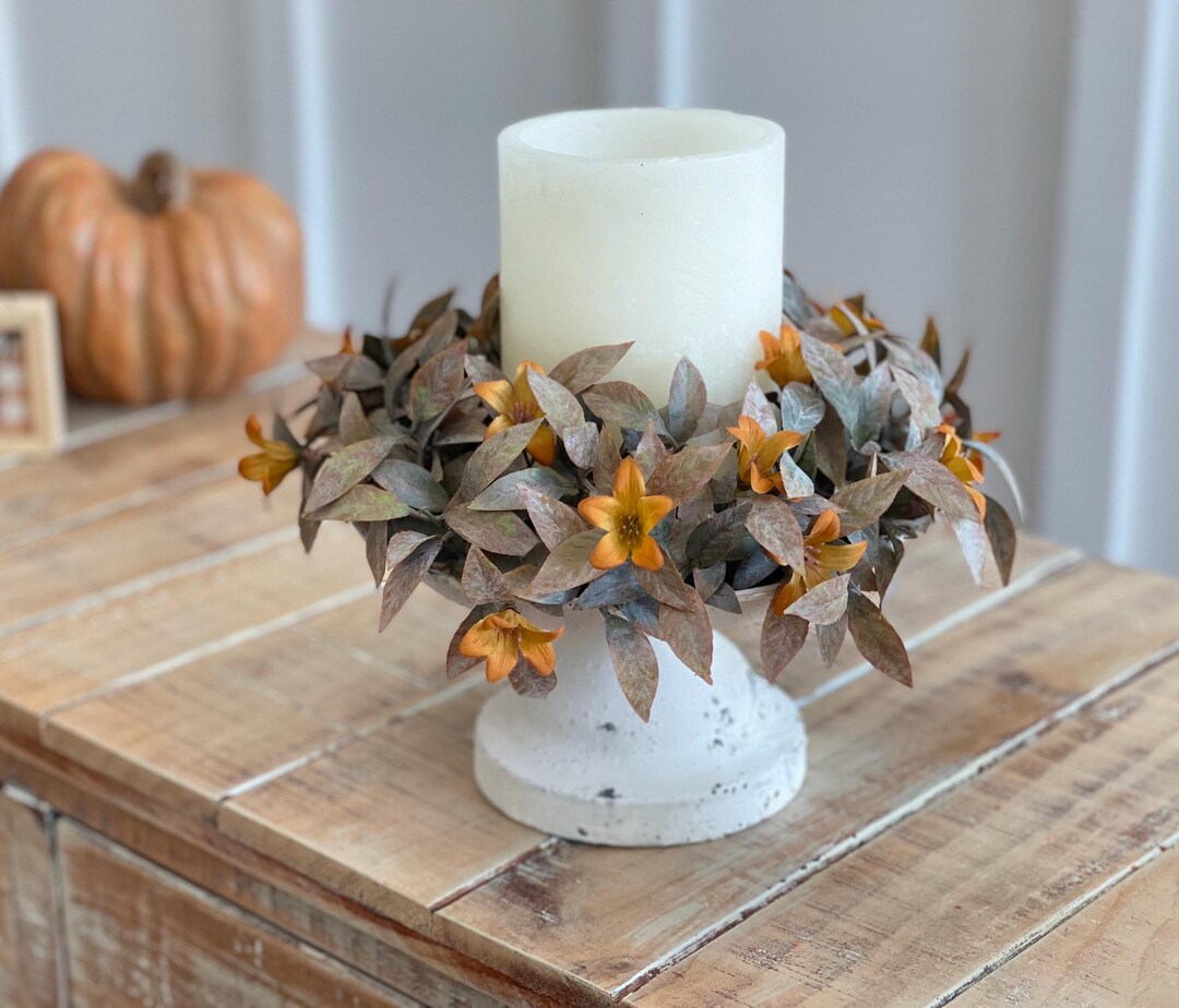 FALL Farmhouse Weathered Greenery With Orange/mustard Flower Candle ...