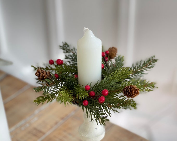 CHRISTMAS CANDLE RINGS Wispy Pine Red Pip Berries Taper Candle Rings or ...