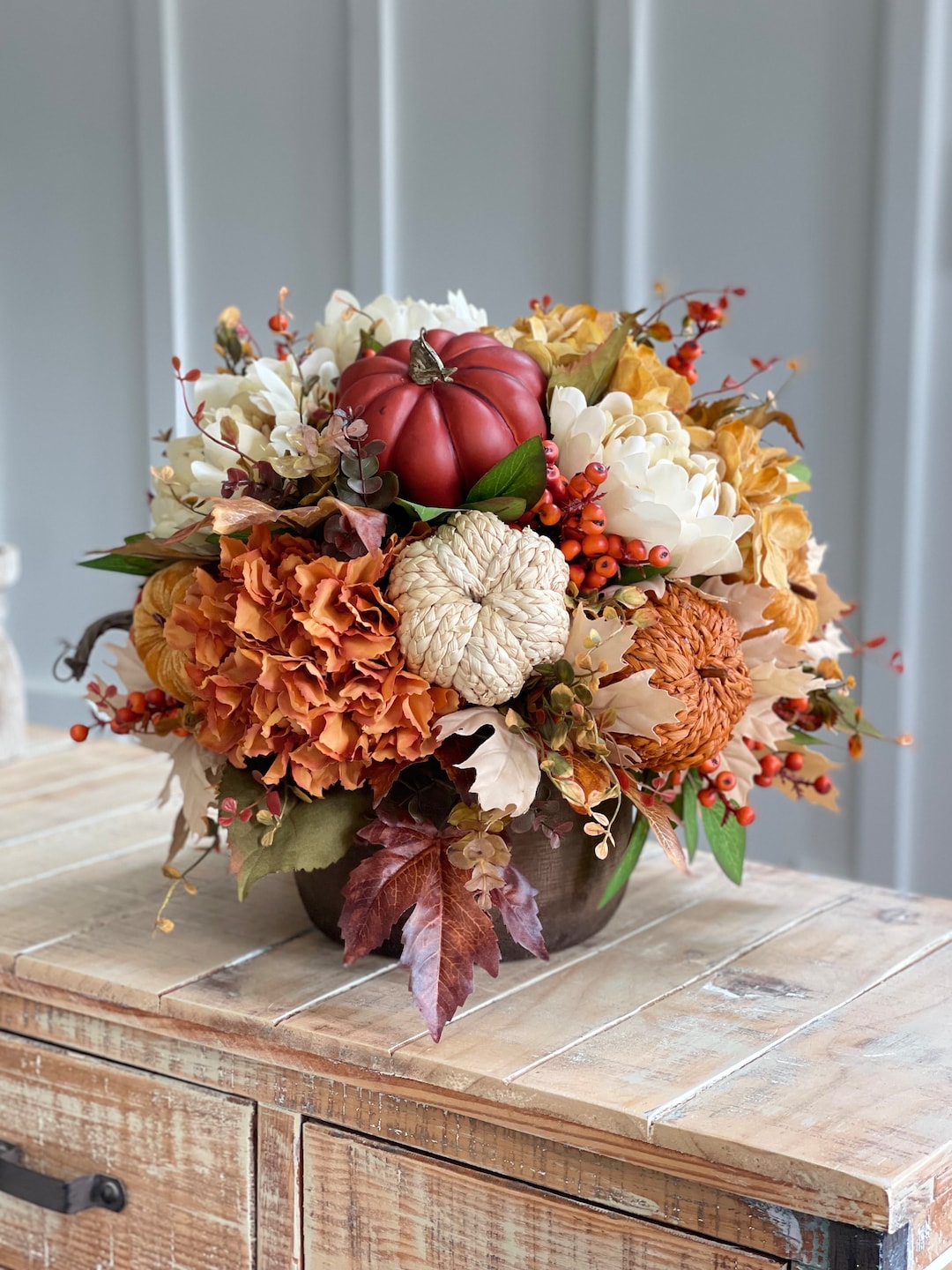 LARGE Fall Farmhouse Floral Arrangement, Autumn Flowers Pumpkin ...