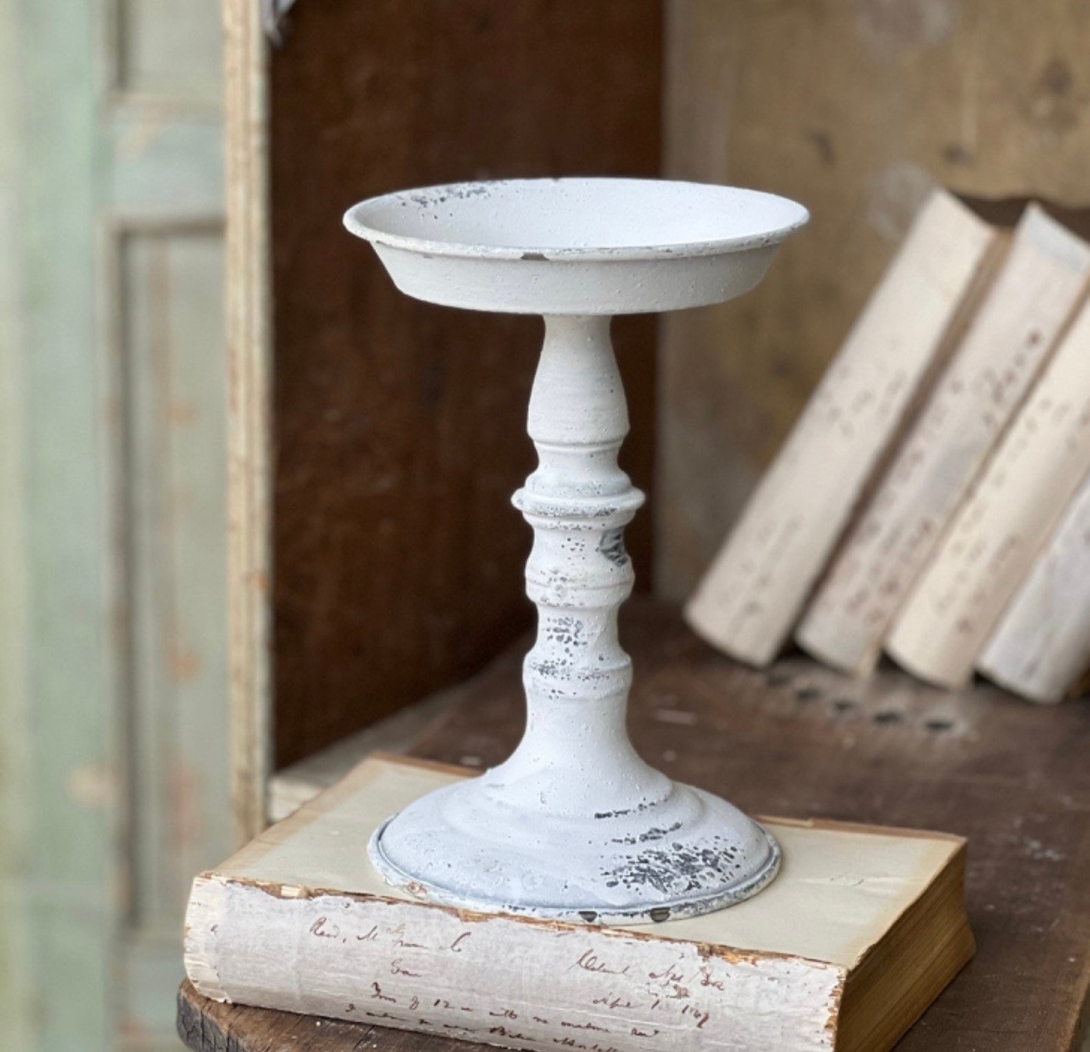 White/cream Vintage Inspired Pedestal Plate Distressed - Etsy