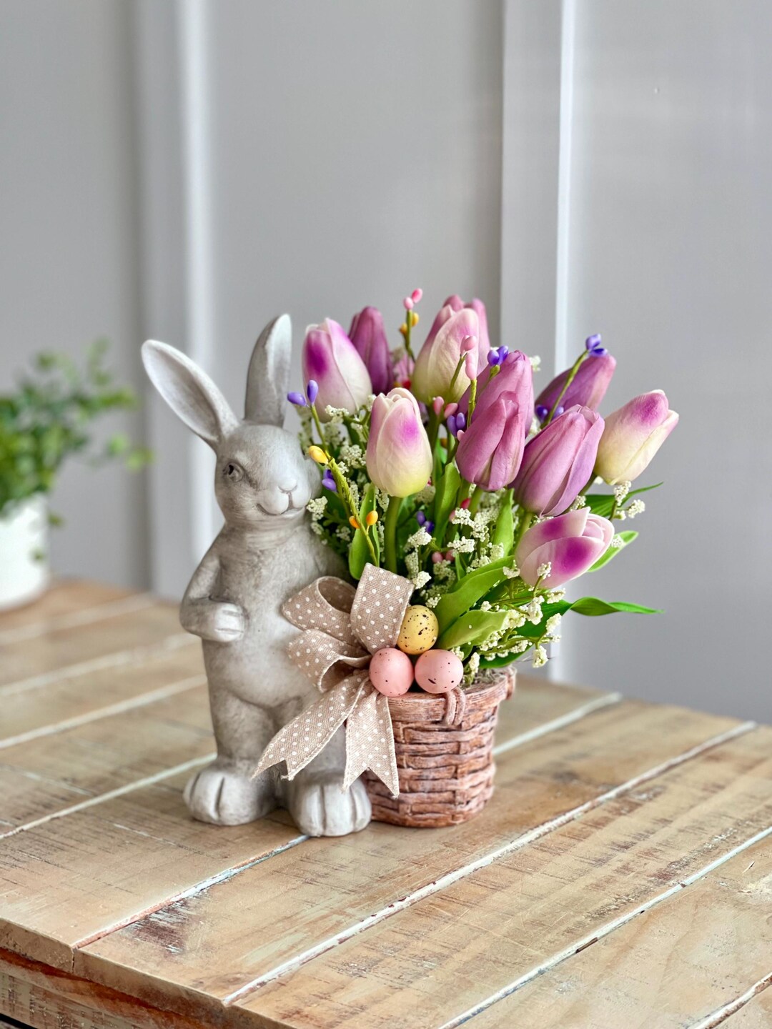 Easter Bunny Tabletop Floral Arrangement Real Touch Purple Tulips ...